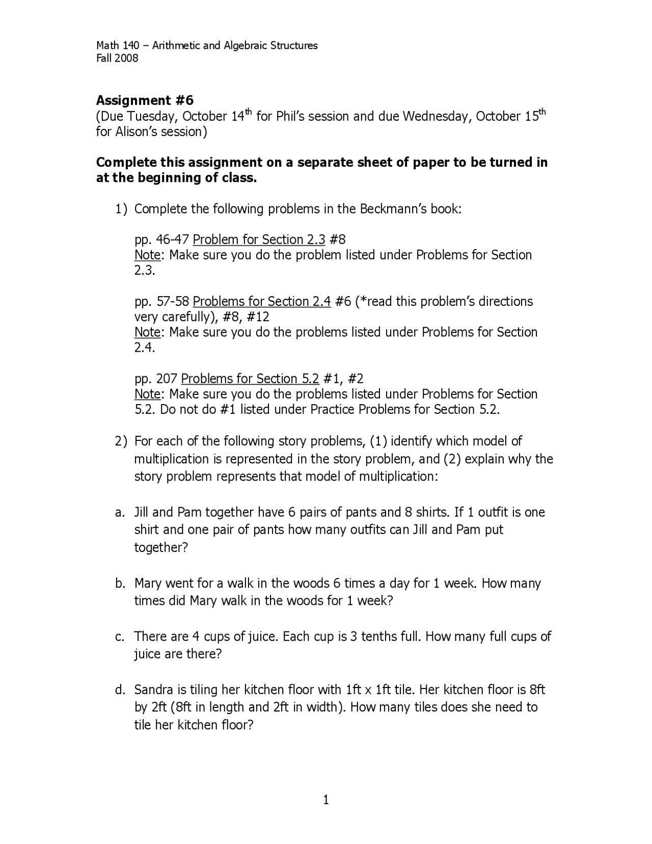 Arithmetic And Algebra Structures Assignment 6 Math 140 Docsity