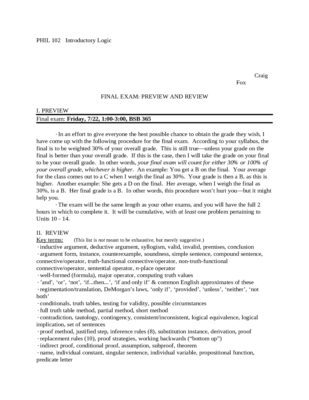 Final Exam Preview And Review Introductory Logic Phil 102 Exams Reasoning Docsity