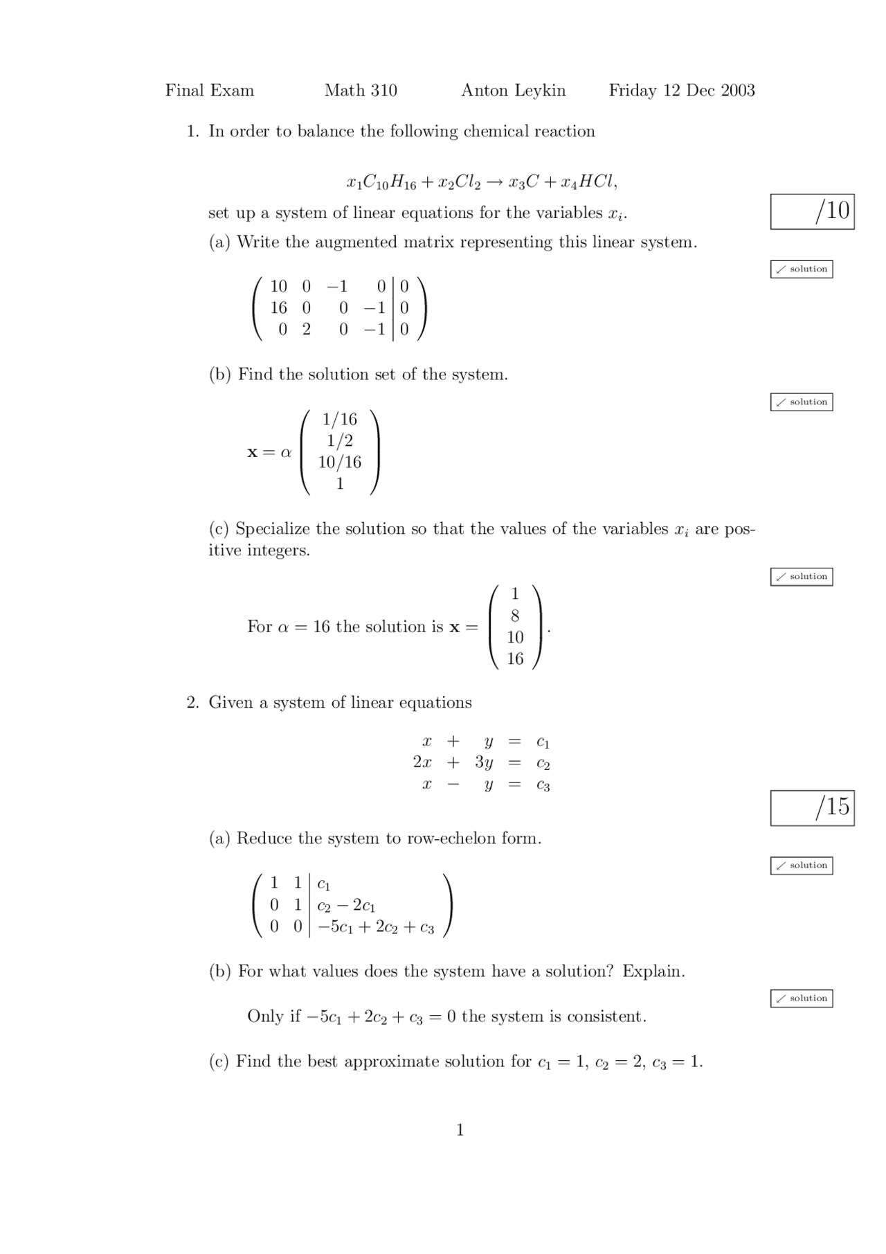 Solutions for Final Exam - Applied Linear Algebra - Fall 2003 | MATH 310 | Exams Linear Algebra ...