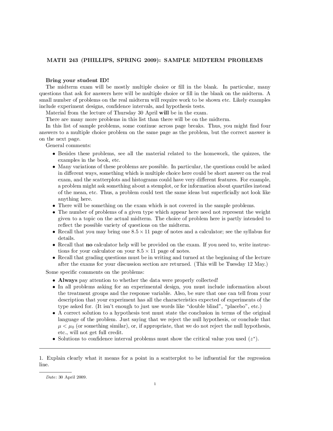 Discrete Mathematics Sample Problems For Midterm Exam Math 243