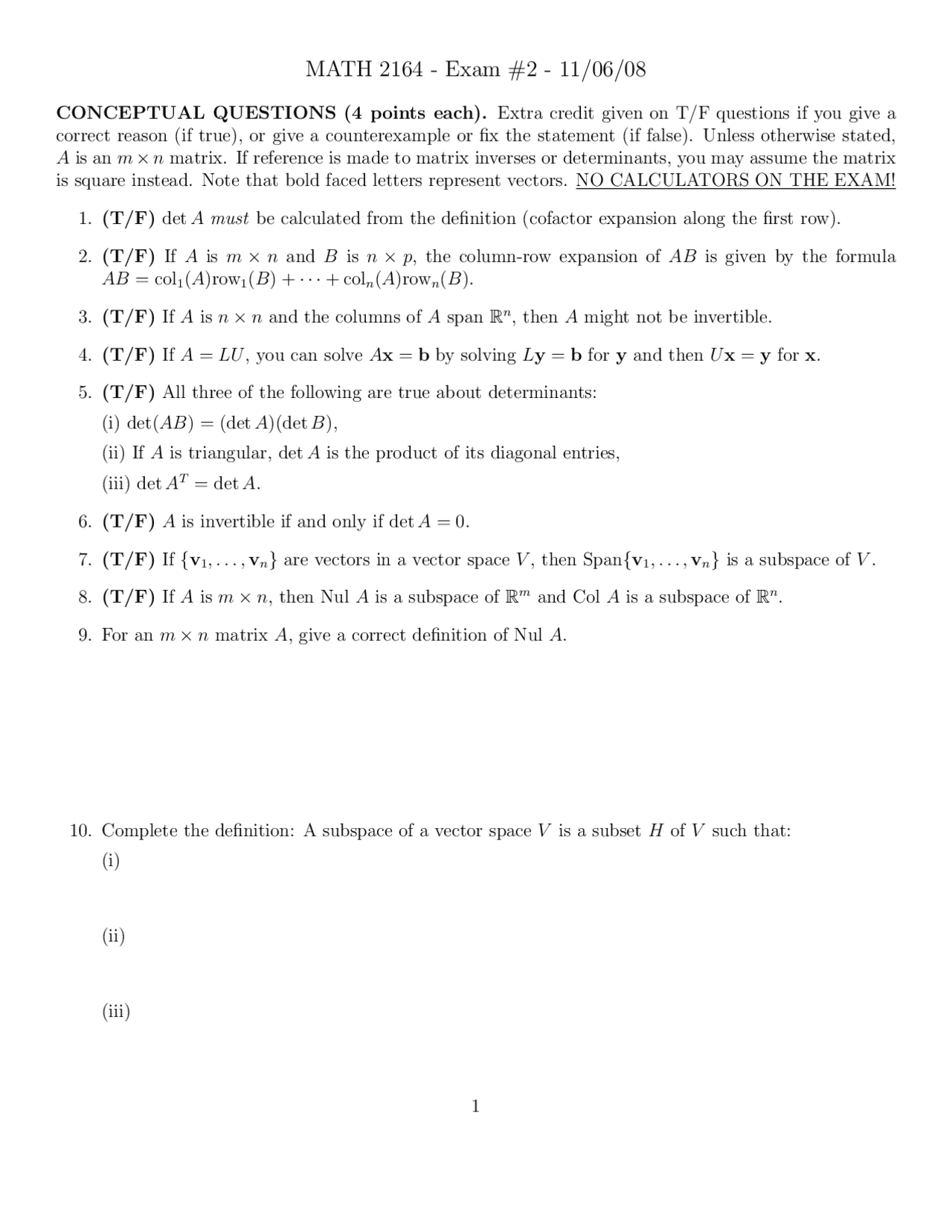 Midterm Exam 2 With Questions Matrices And Linear Algebra Math 2164