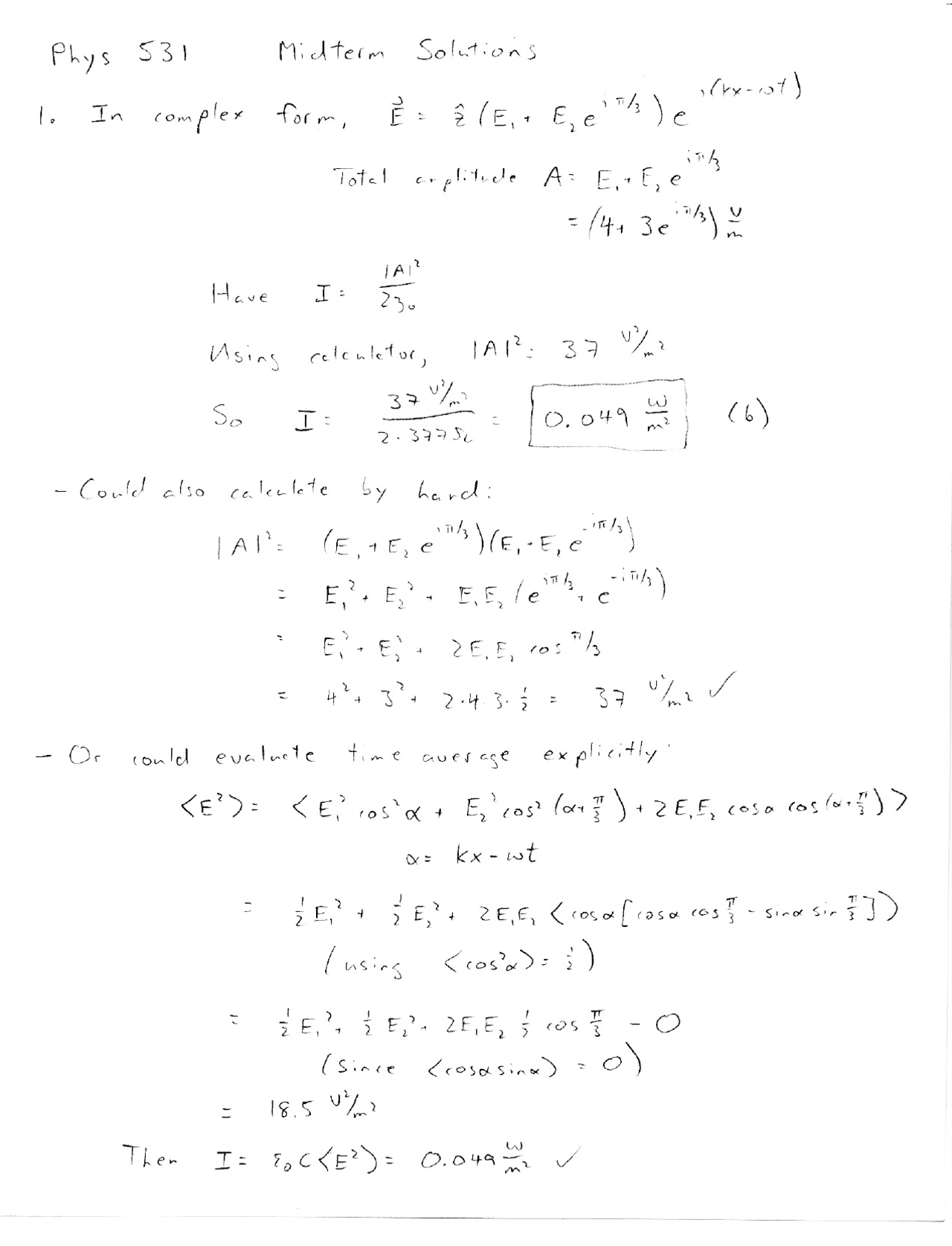 Handwritten Midterm Exam Solutions For Optics Phys 5310 Docsity