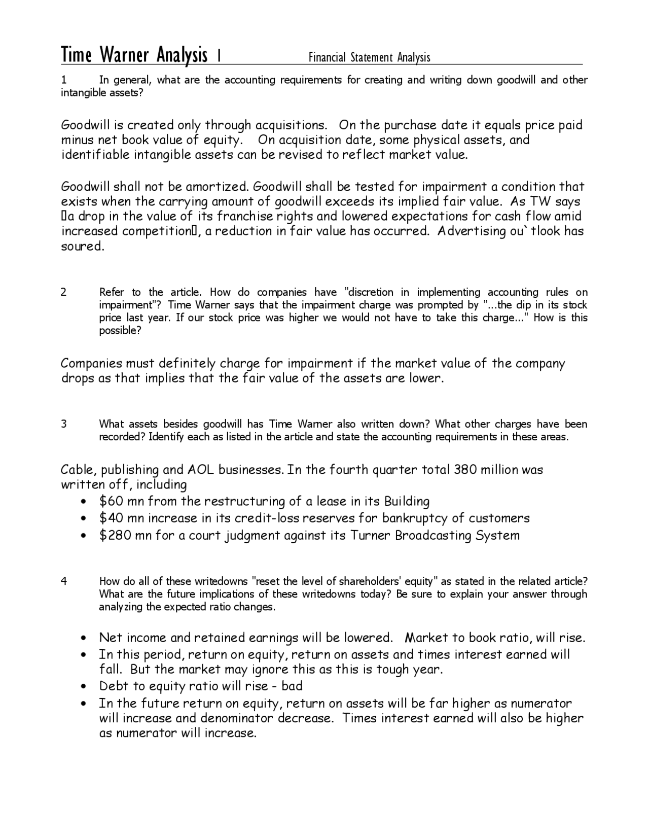Time Warner Analysis I Financial Statement Analysis Actg 516 Docsity