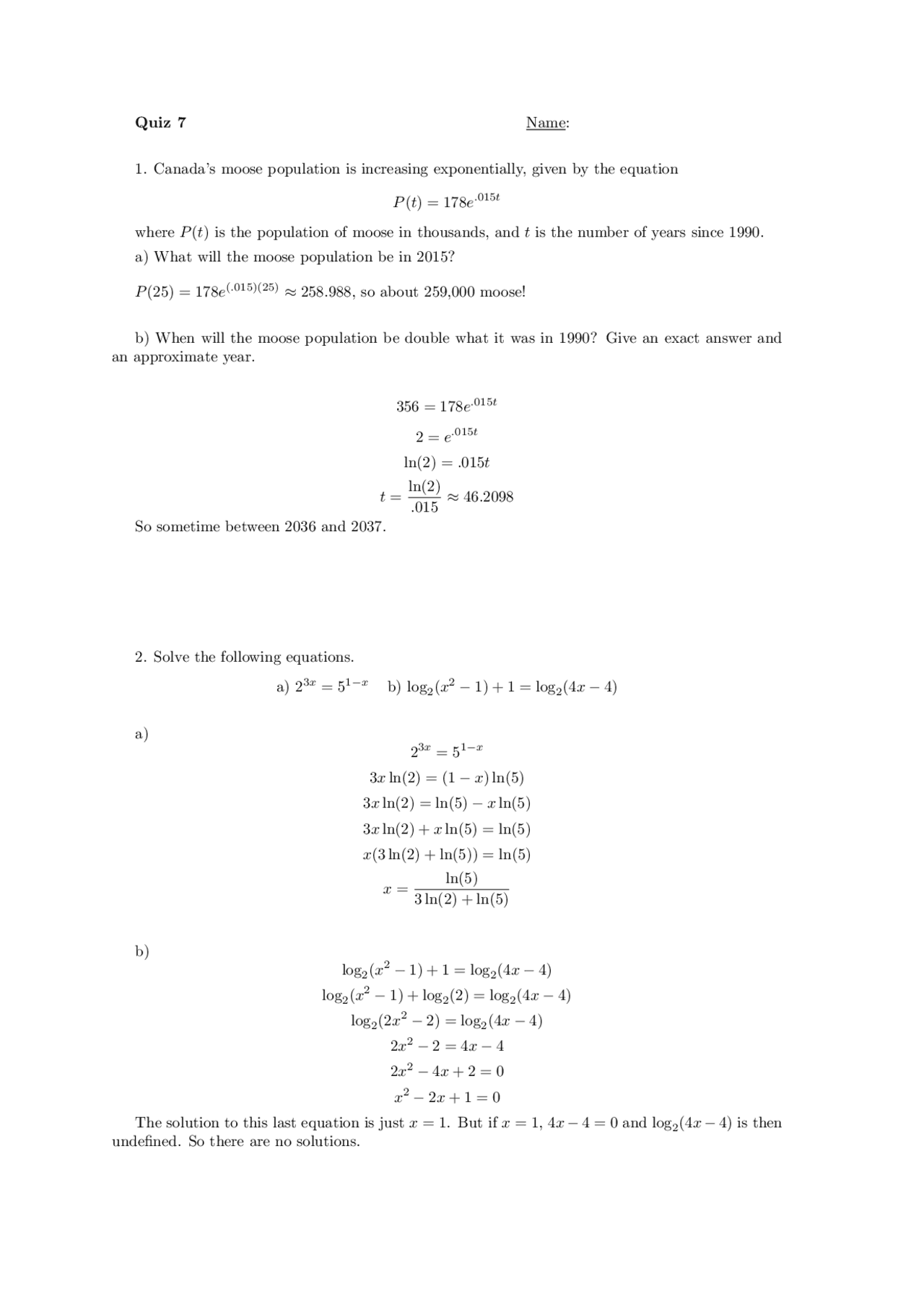 Quiz 7 With Solutions College Algebra Math 111 Docsity