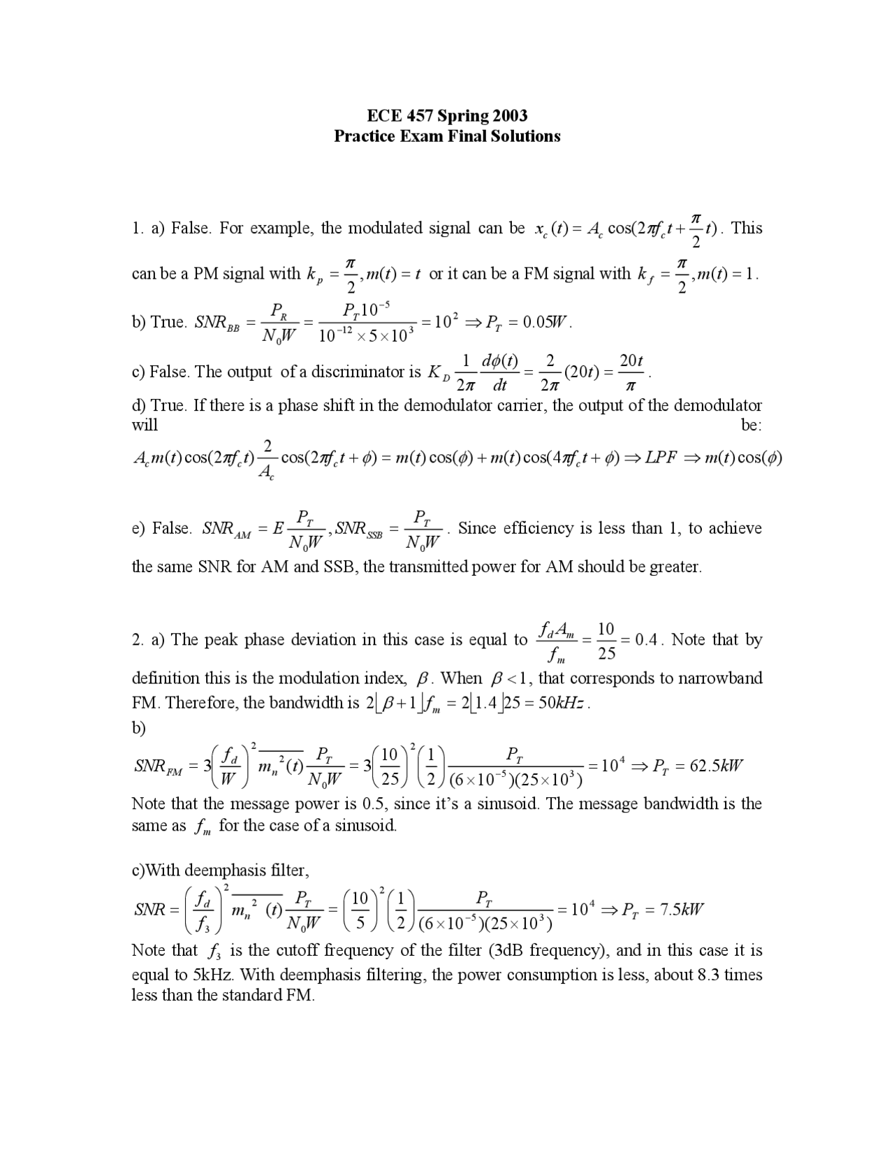 Practice Exam Final Solutions Communication Systems Fall 2003 Ece
