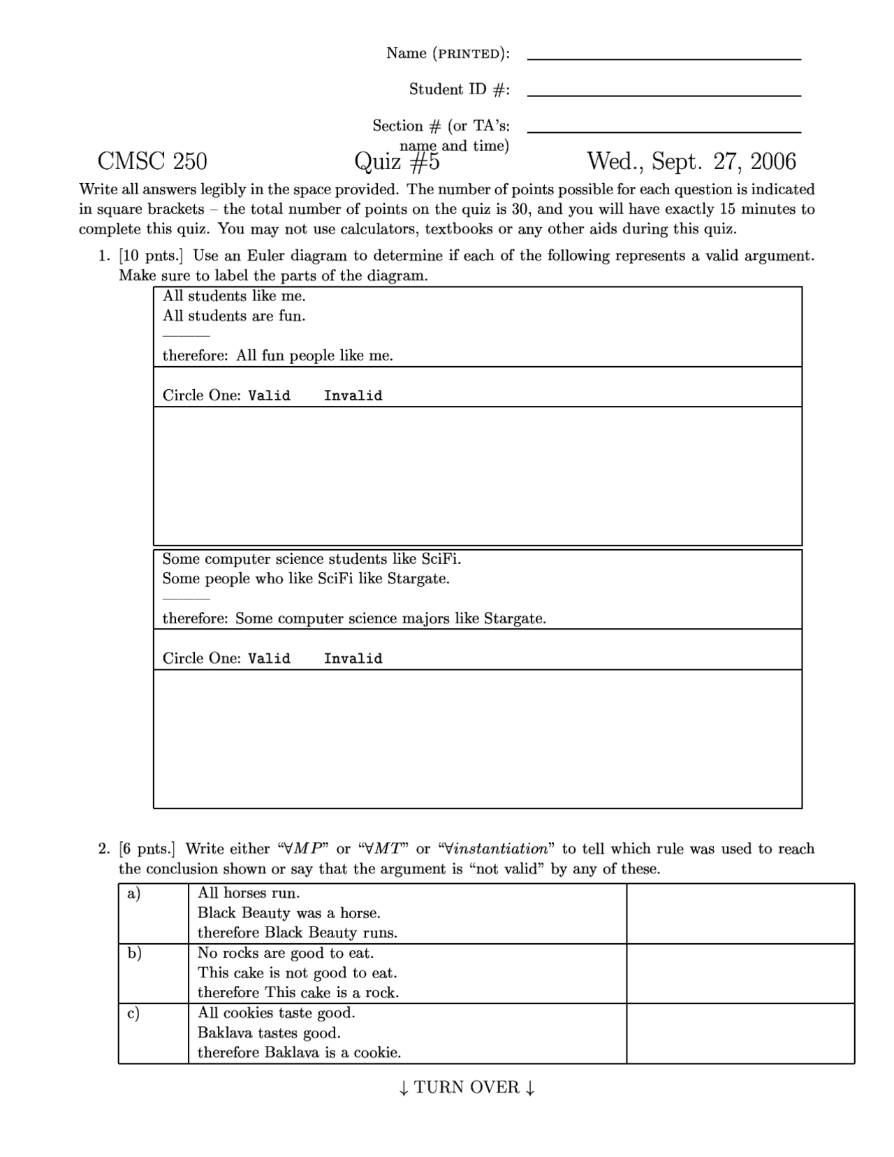 Quiz 5 With Questions Discrete Structures Cmsc 250 Docsity