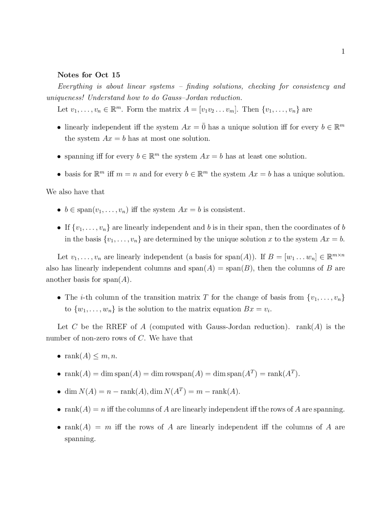 Notes on Linear Systems - Applied Linear Algebra | MATH 310 - Docsity