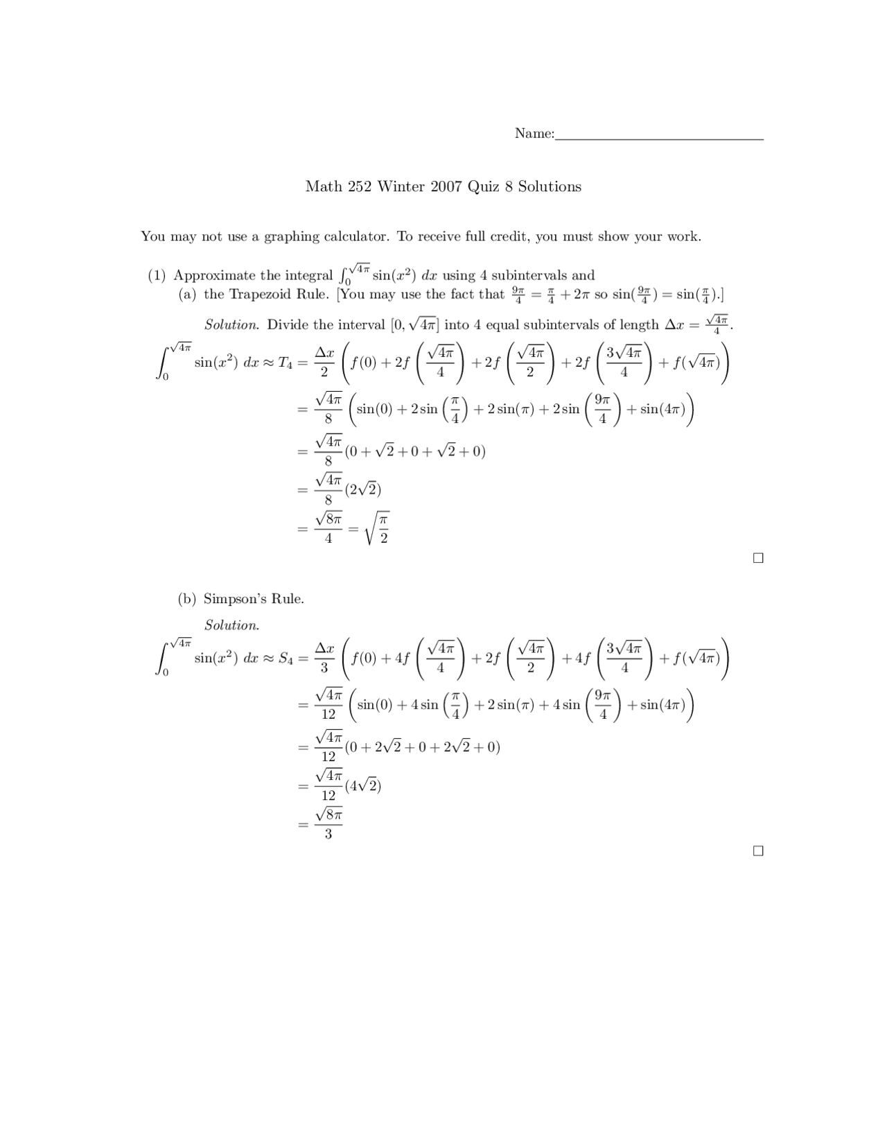 Math 252 Winter 2007 Quiz 8: Approximating Integrals with Trapezoid and Simpson's Rule | Quizzes ...