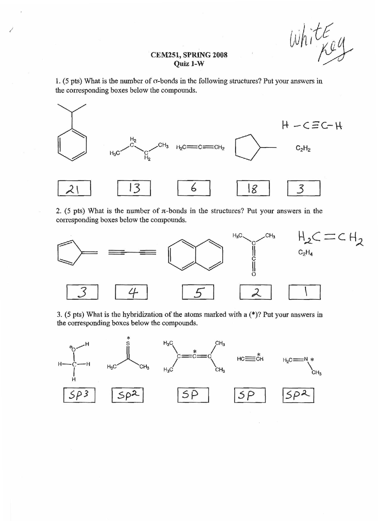 Organic Chemistry I Quiz 1-W with Solutions | CEM 251 - Docsity
