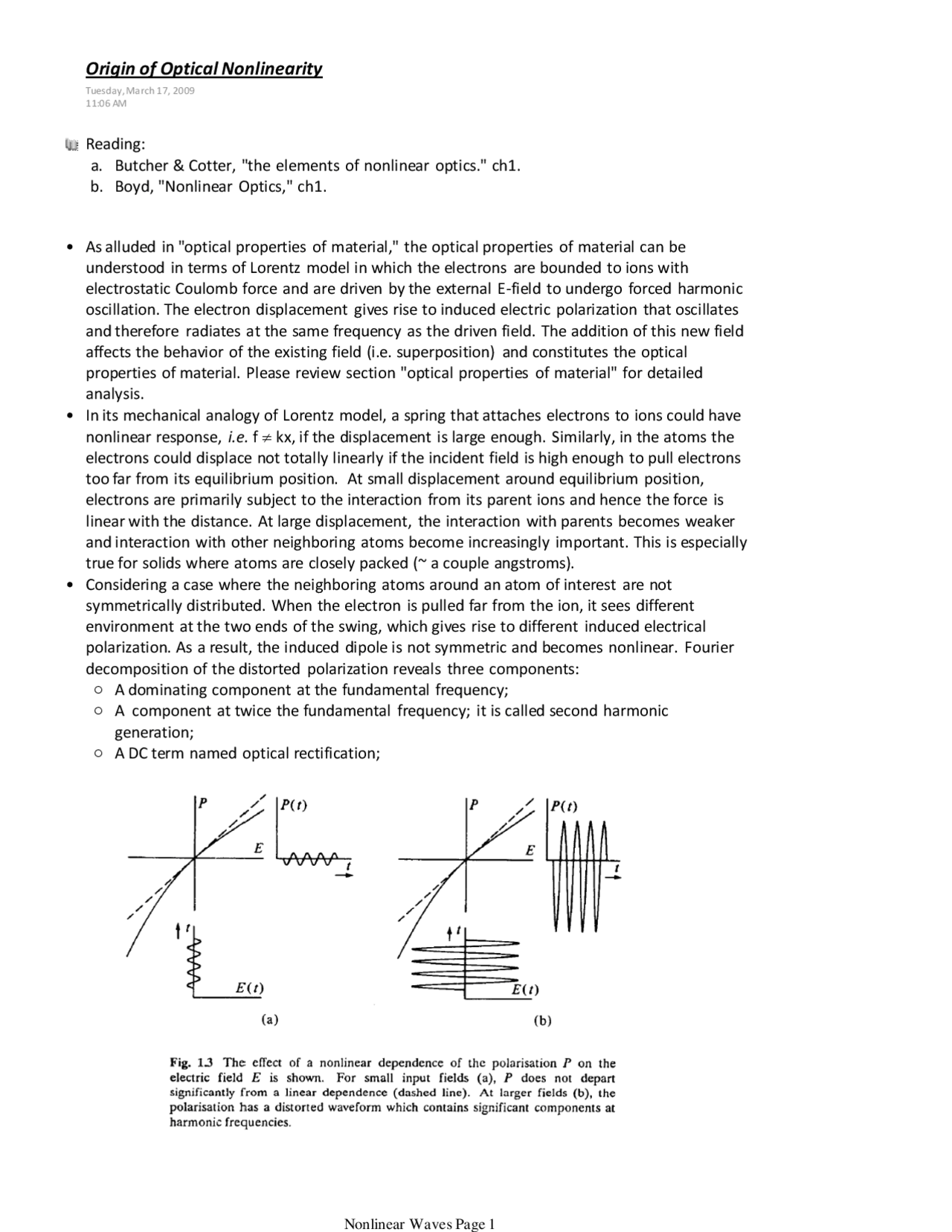 Origin of Optical Nonlinearity - Review Sheet | OPTI 6104 - Docsity