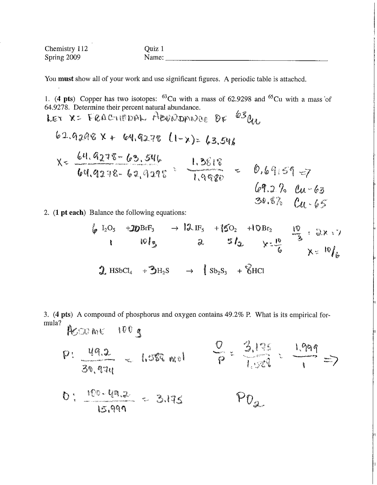 Quiz 1 With Resolution General College Chemistry I Chem 112 Docsity