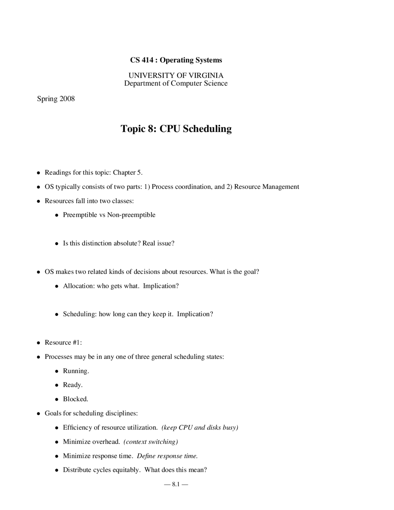 Notes On Cpu Scheduling Operating Systems Cs 4414 Docsity