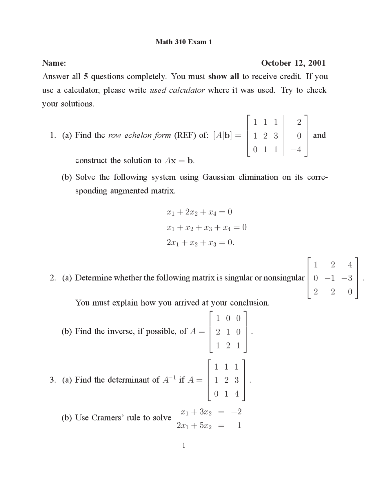 5 Questions on Applied Linear Algebra - Exam 1 - Fall 2001 | MATH 310 | Exams Linear Algebra ...