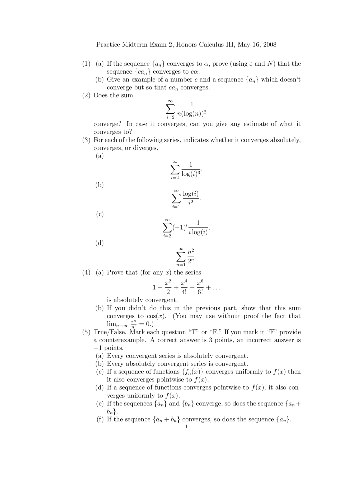 Midterm Exam 2 Practice Questions On Honors Calculus Iii Math 263