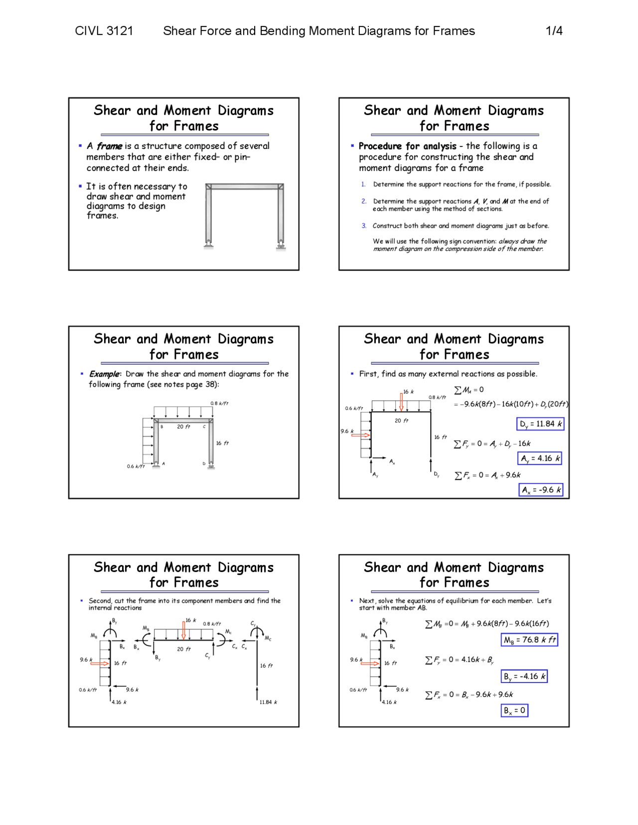 Shear And Moment Diagrams For Frame Lecture Slides Civl 3121 Docsity