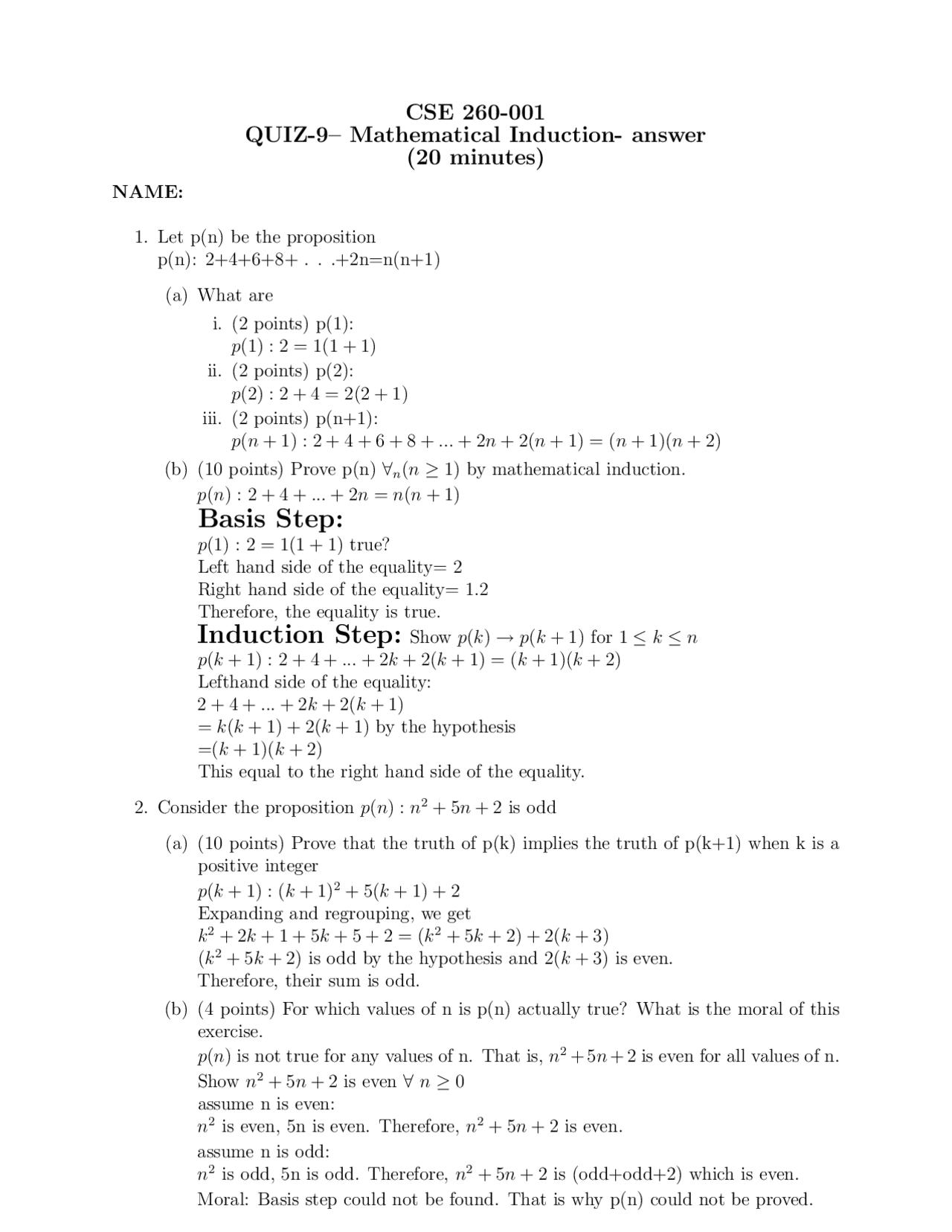 Quiz 9 Mathematical Induction Answers Discrete Structures Cse 260 Docsity
