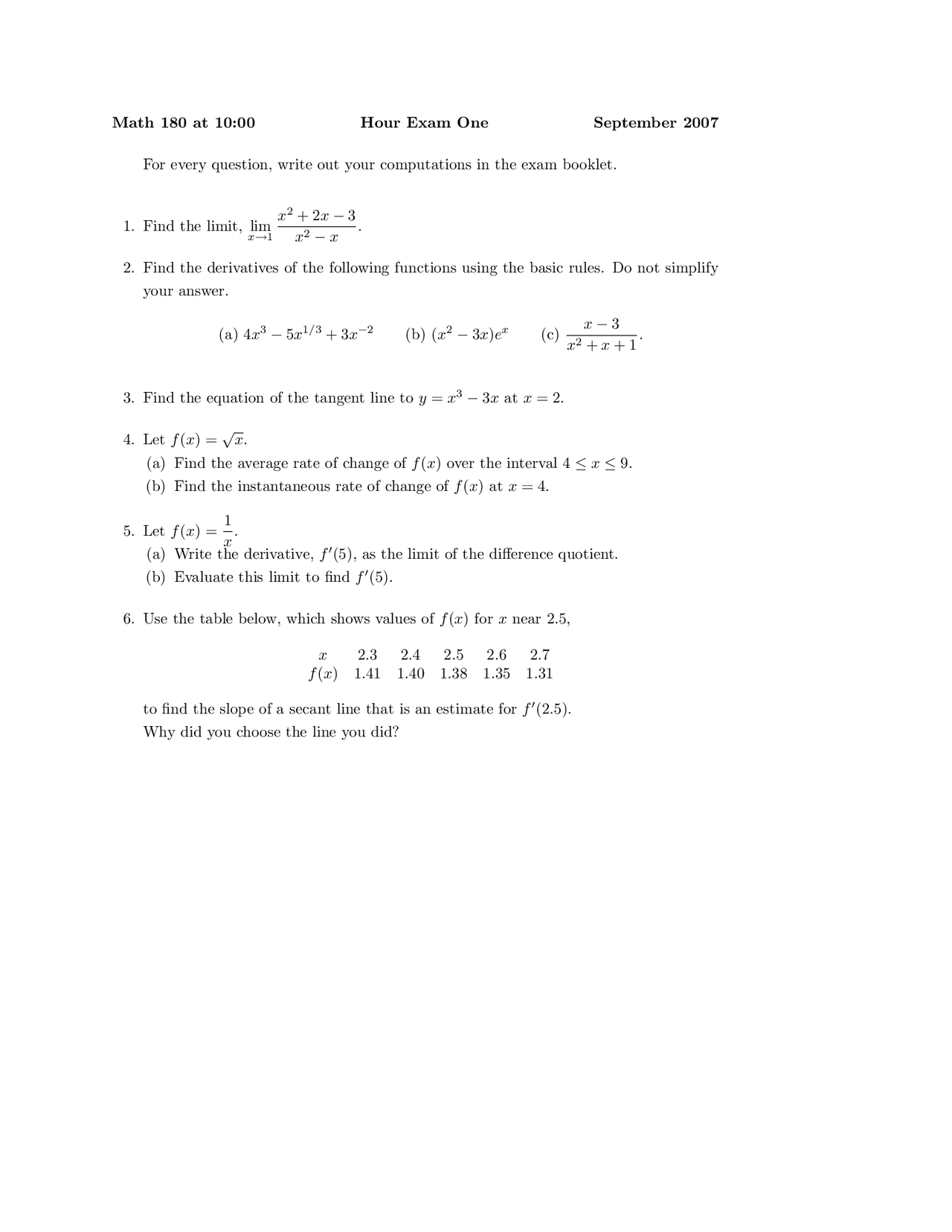 6 Multiple Choice Questions On Calculus I Exam 1 Math 180 Exams