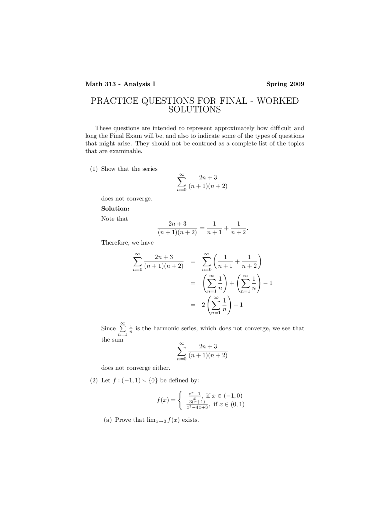 5 Practice Questions on Analysis I with Solution - Final Exam | MATH 313 - Docsity