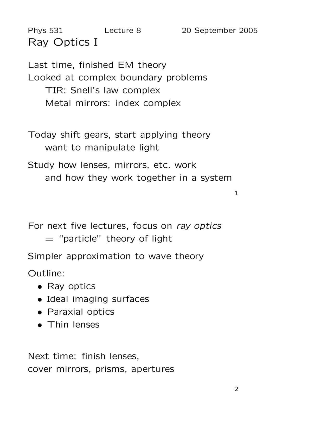 Ray Optics I Wave Optics Lenses Lecture Notes Phys 5310 Docsity