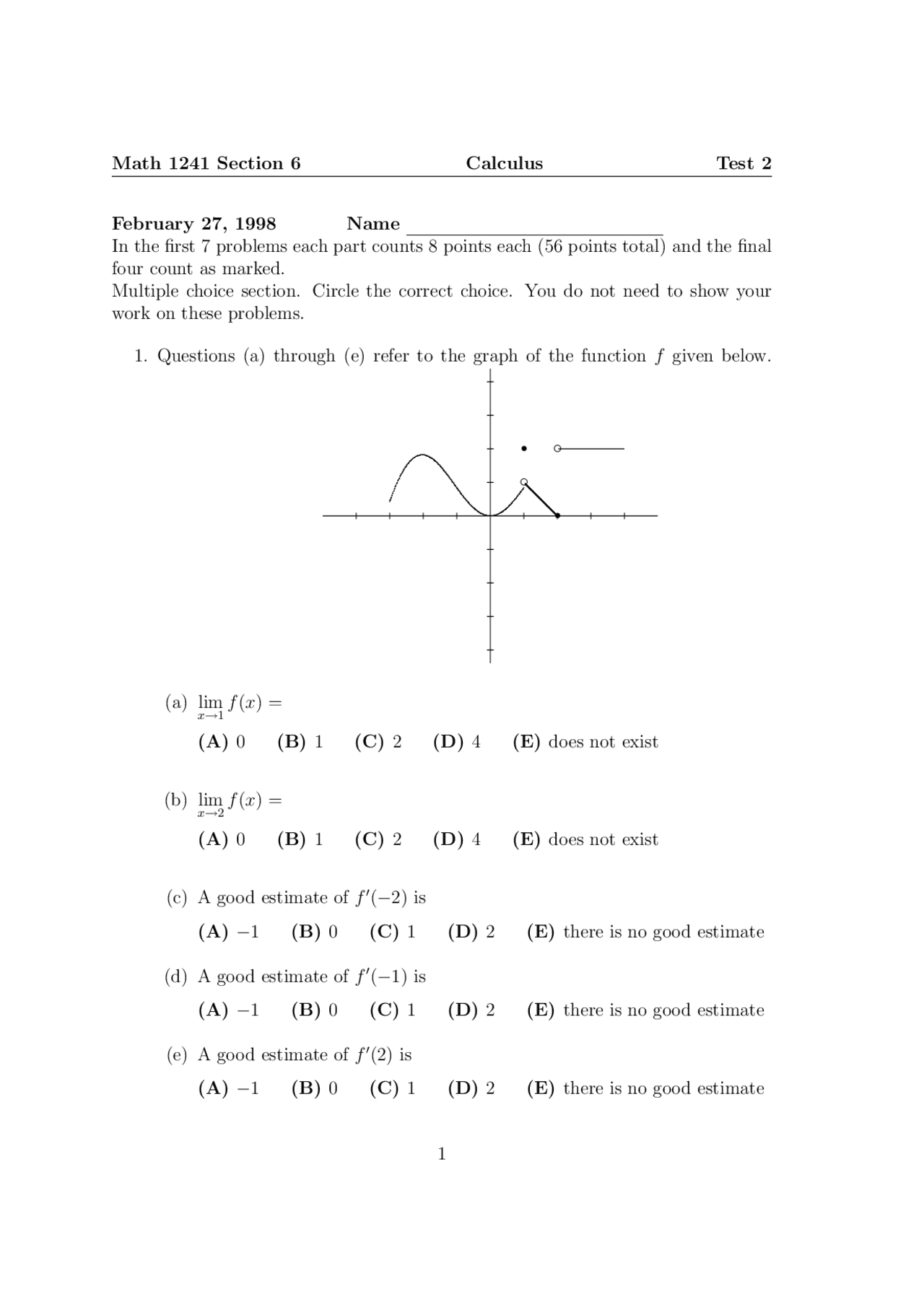 7 Problems On Calculus I Exam 2 Math 1241 Docsity