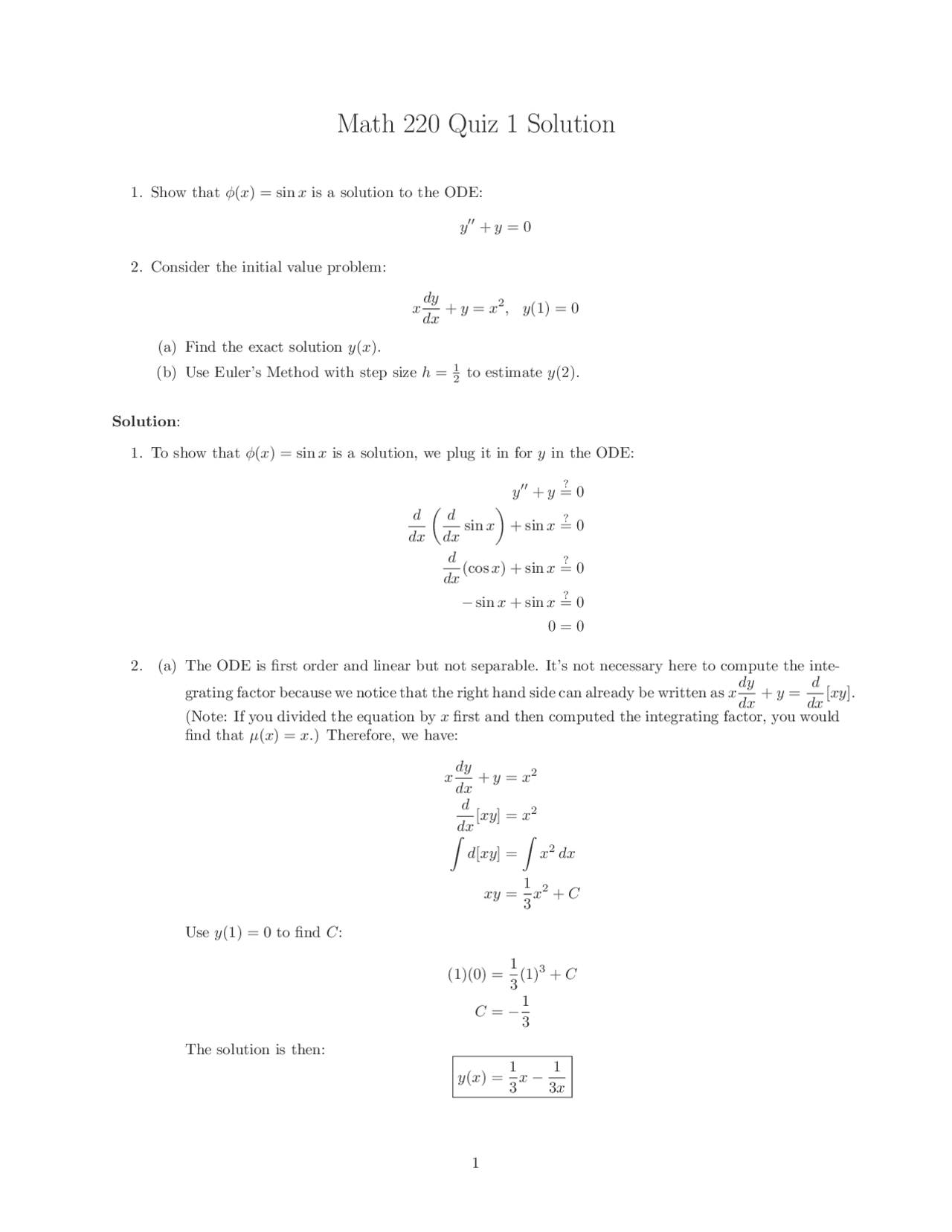 Quiz 1 With Solutions Introduction To Differential Equations Math