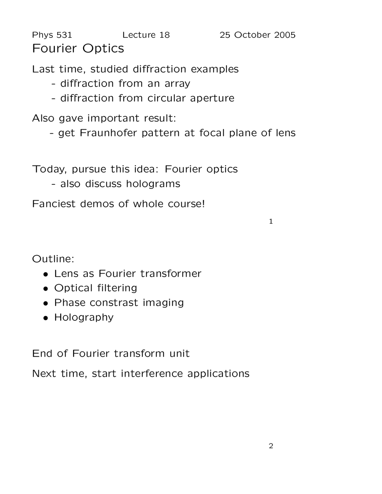 Fourier Optics Lecture Notes Phys 5310 Docsity