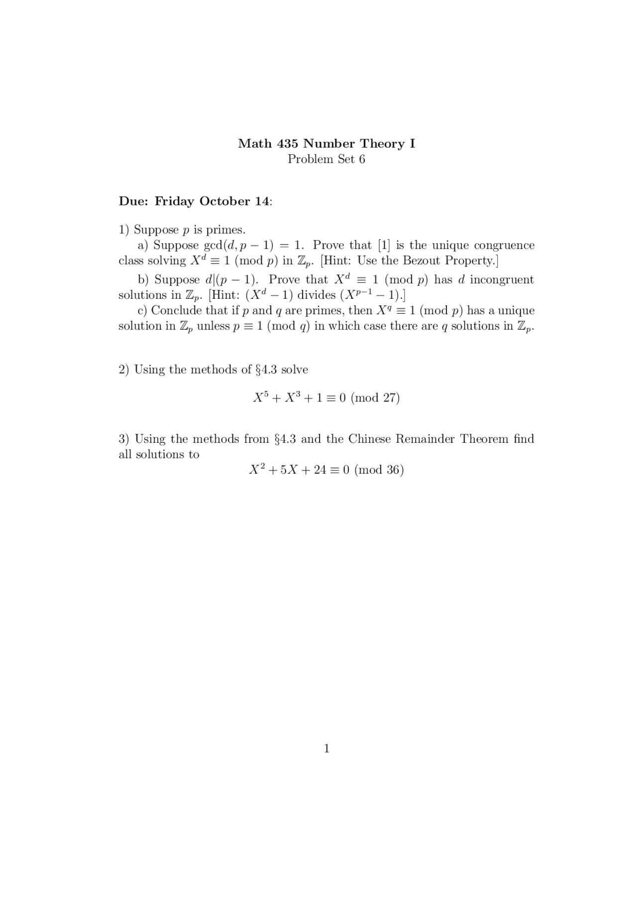 Problem Set 6 - Foundations of Number Theory | MATH 435 - Docsity