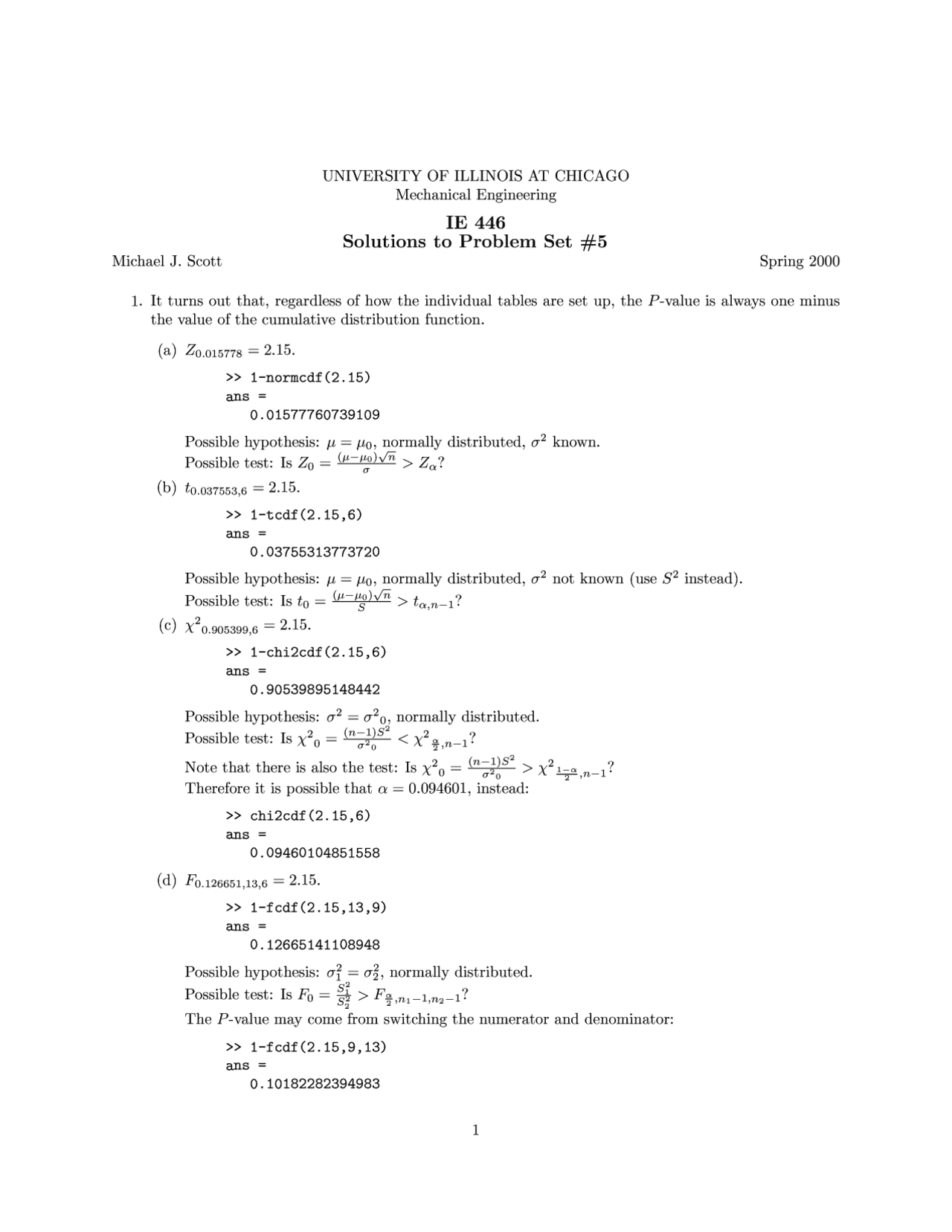 Solutions To Problem Set 5 Quality Control And Reliability Ie 446