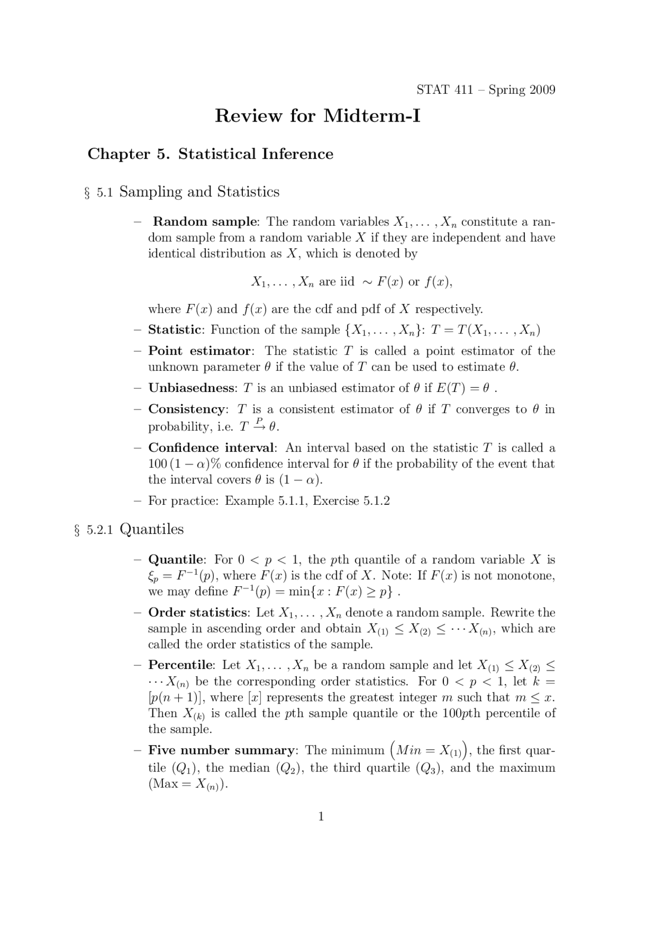 Review Notes For Midterm 1 Statistical Theory Stat 411 Docsity