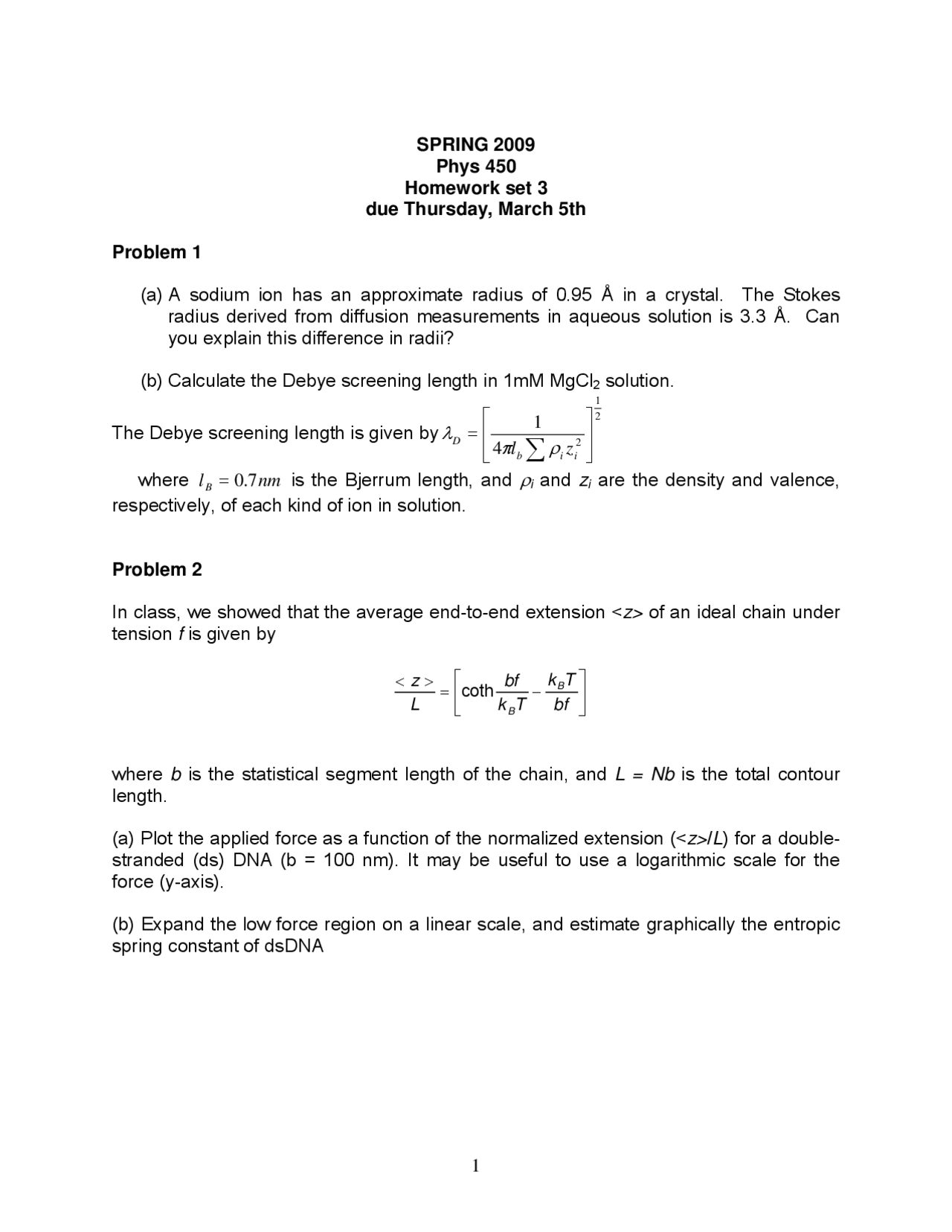 Homework Set 3 Molecular Biophysics Of The Cell Phys 450 Docsity