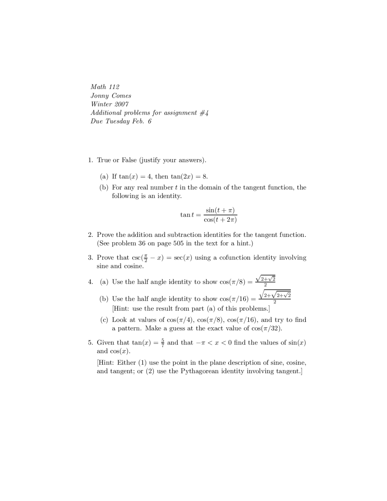 Problems Solutions for Assignment 4 - Elementary Functions - Fall 2007 ...
