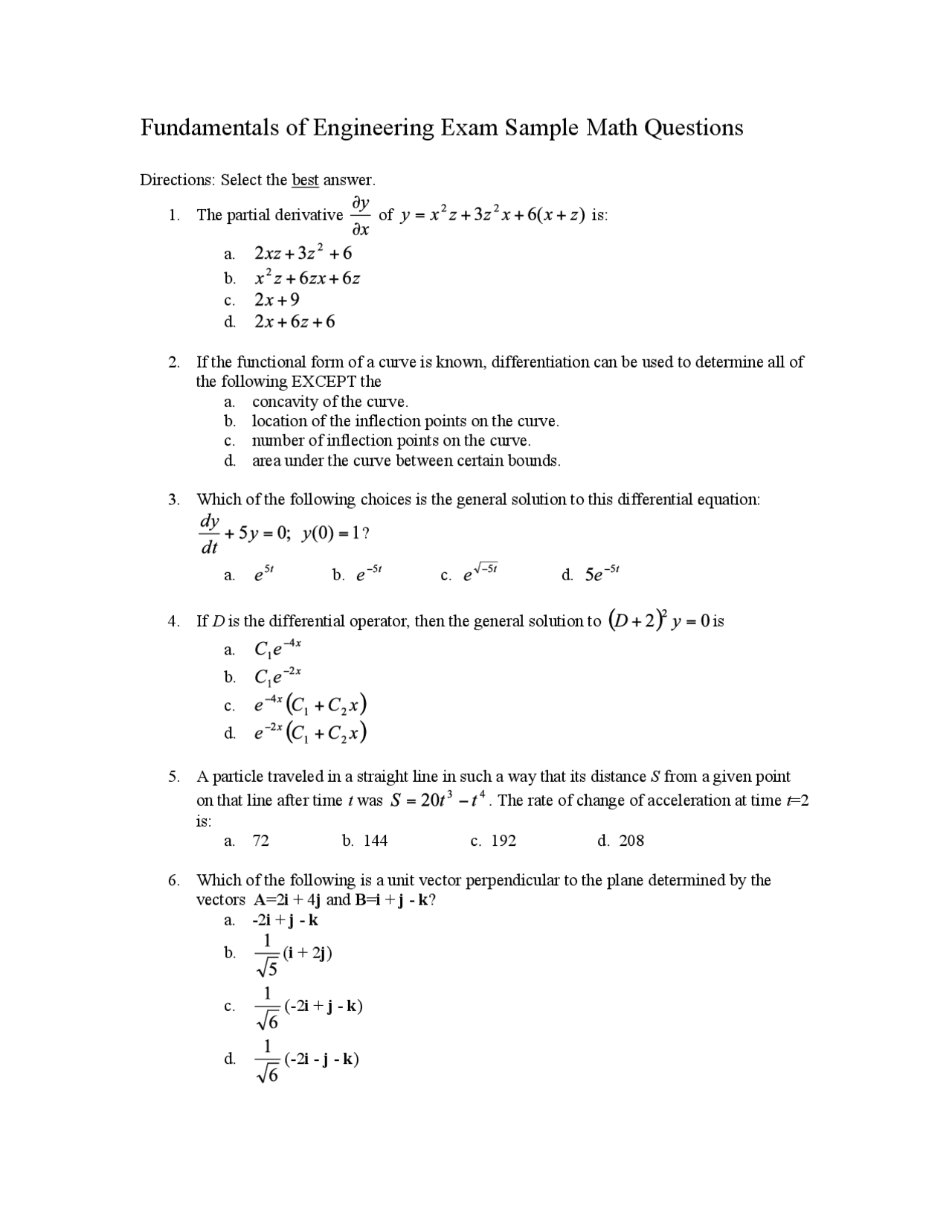 Fundamentals Of Engineering Exam Sample Math Questions Engr 1202