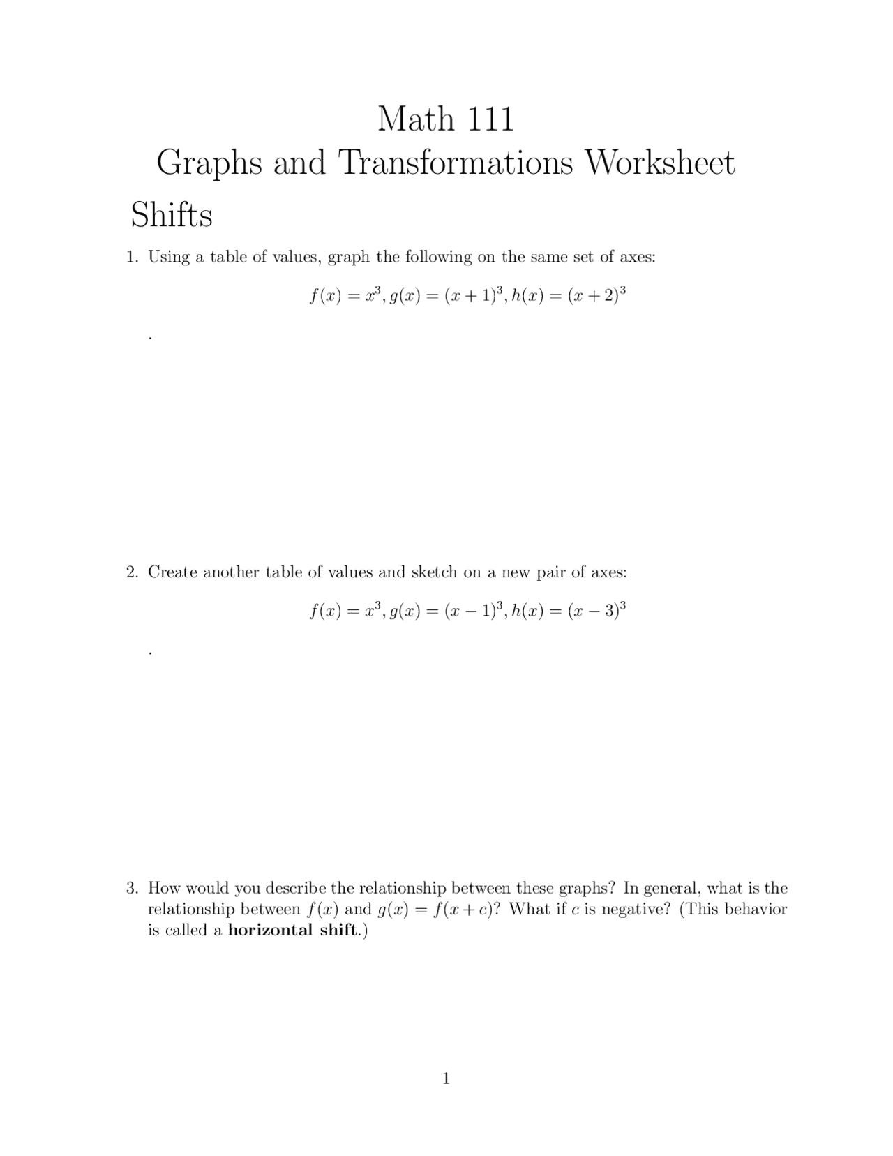 Graphs and Transformations Worksheet Shifts - College Algebra | MATH ...