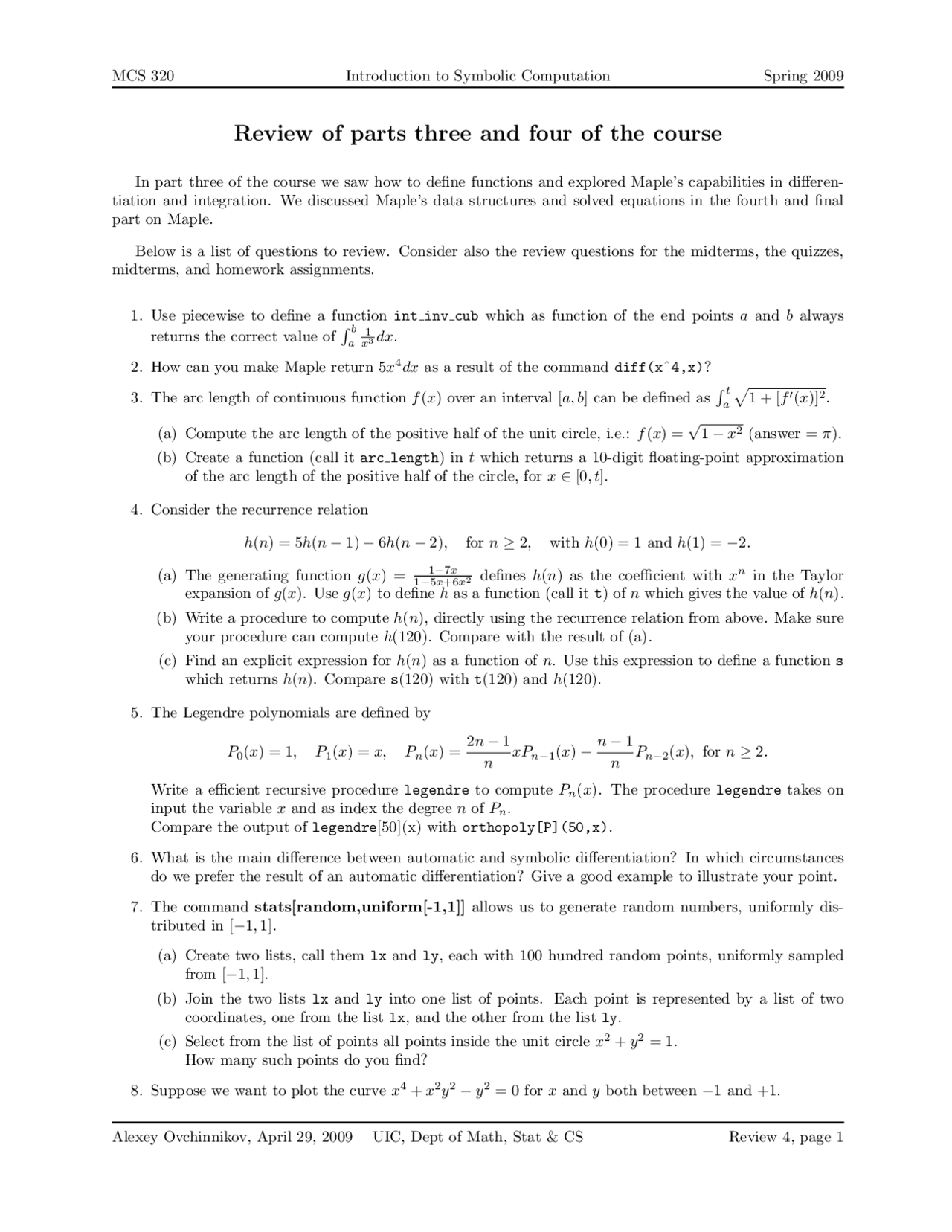 Review Sheet For Introduction To Symbolic Computation Mcs 320 Docsity