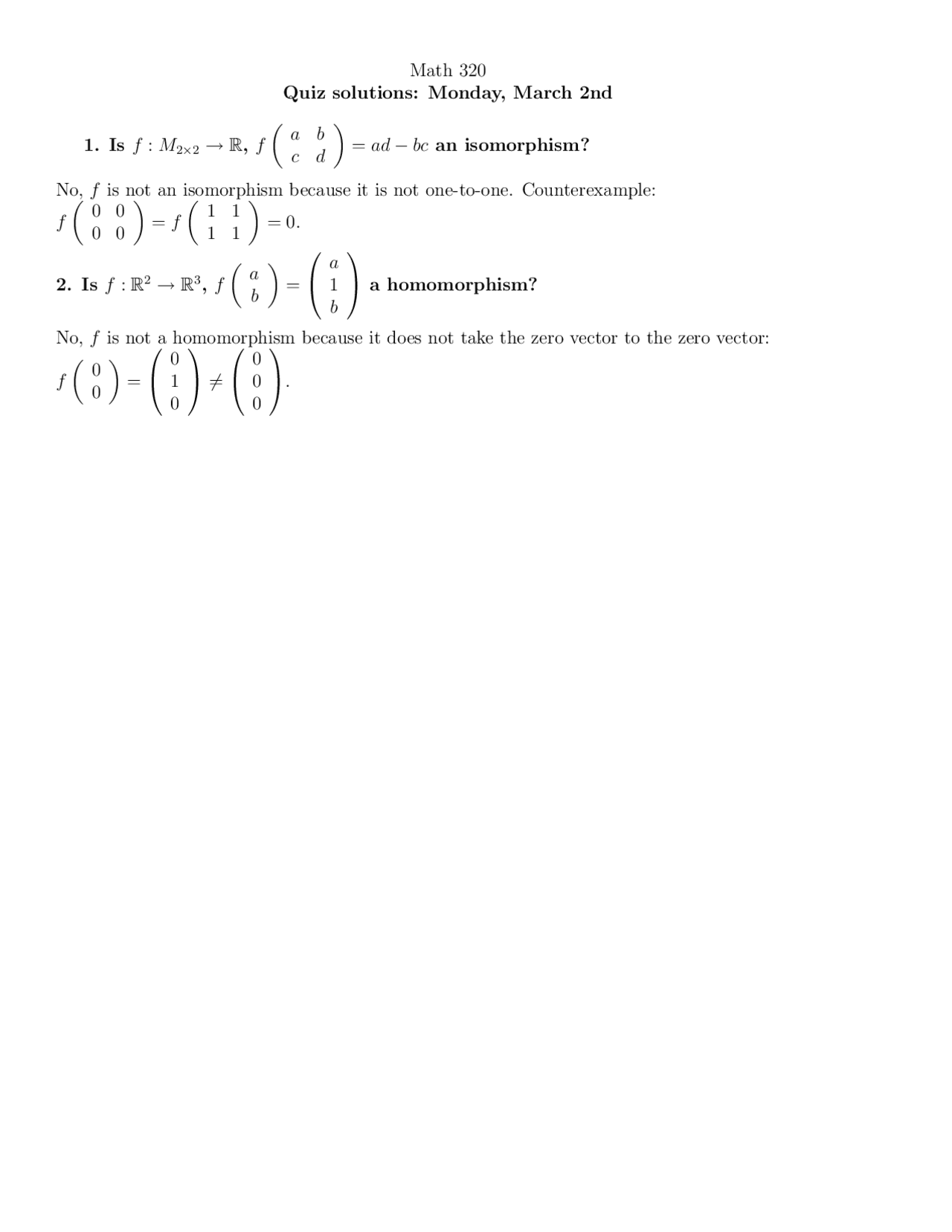 2 Solved Question On Linear Algebra I Quiz Math 320 Docsity
