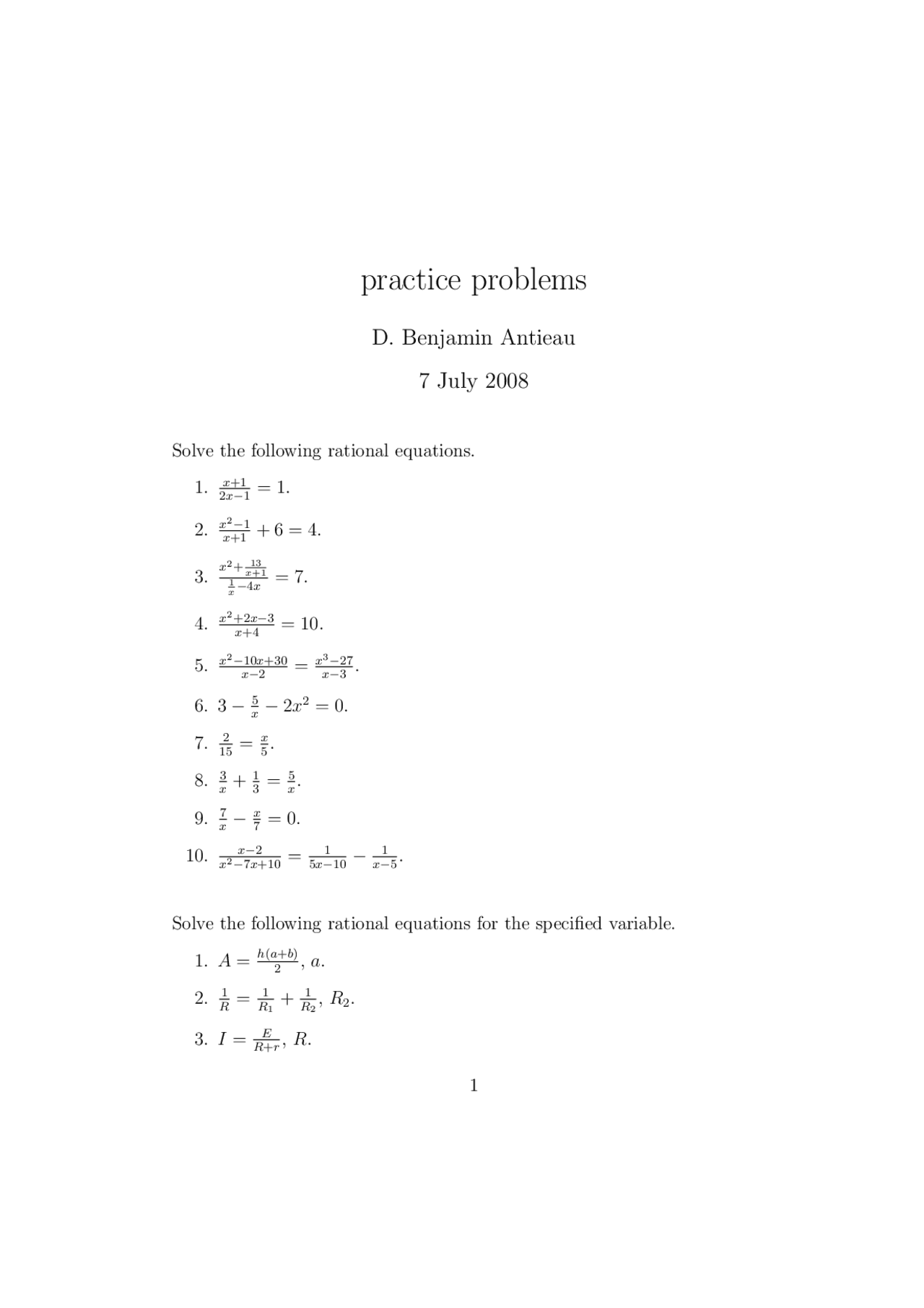 Rational Equations and Variational Problems Solved by Benjamin Antieau | Assignments Algebra ...