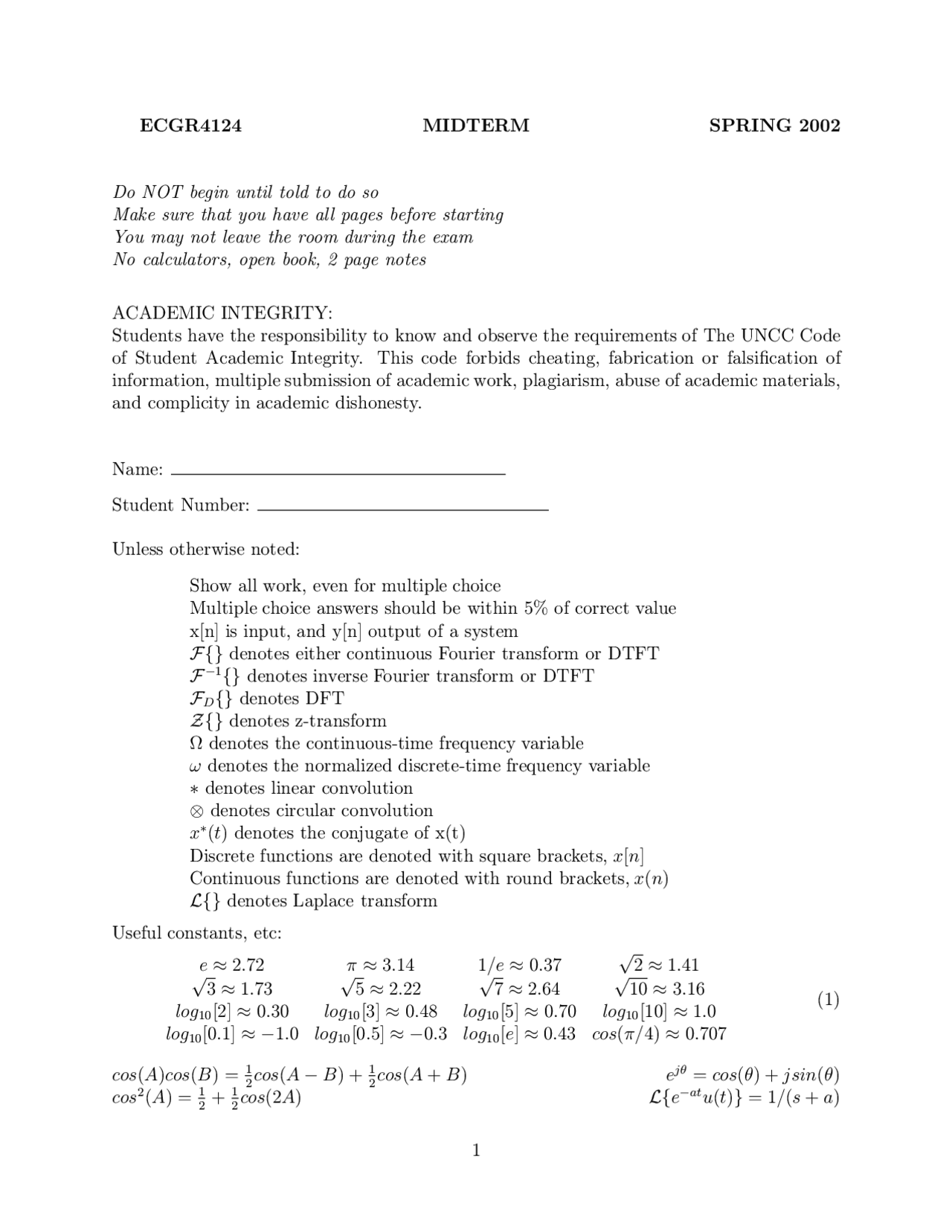 28 Questions In Midterm Exam Digital Signal Processing Ecgr 4124