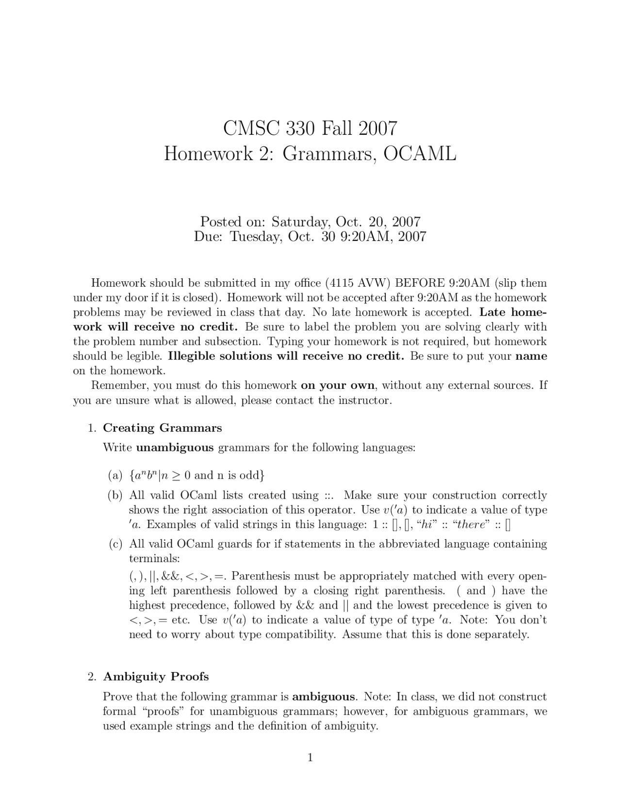 Homework 2 Grammars Ocaml Organization Programming Language Cmsc