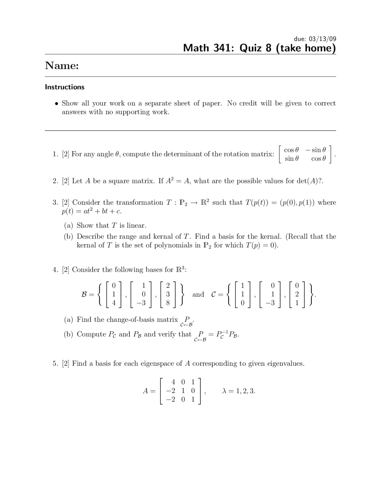 5 Unsolved Questions of Elementary Linear Algebra - Quiz 8 | MATH 341 | Quizzes Linear Algebra ...