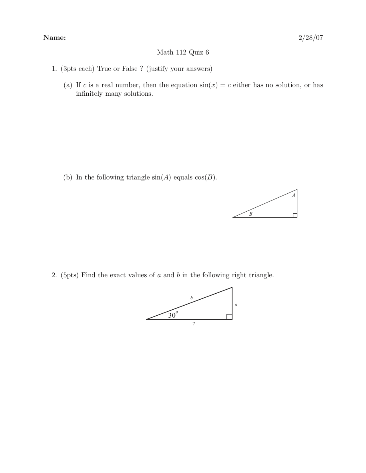 Five Questions On Elementary Functions Quiz Six Math 112 Docsity