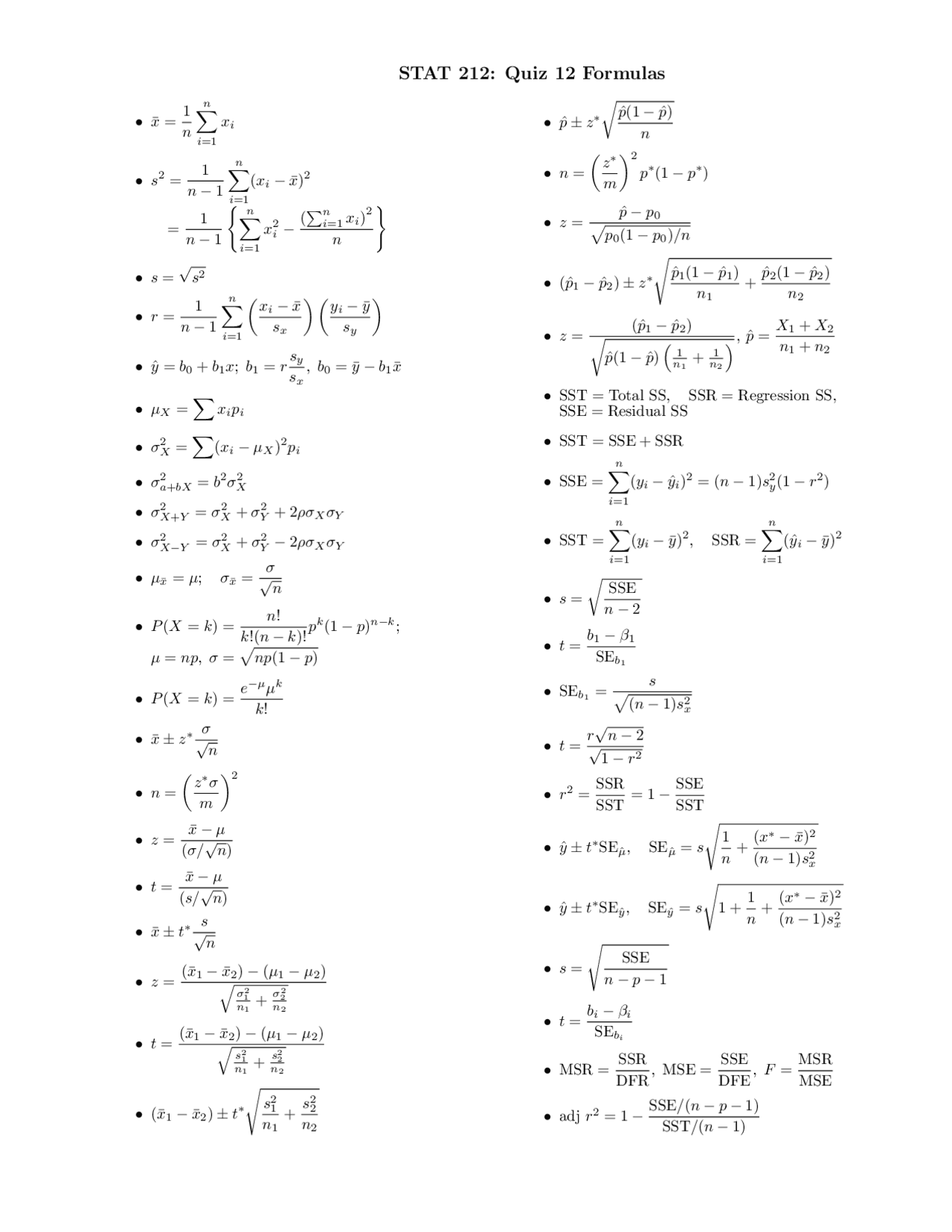 Quiz 12 Formulas Introduction To Statistical Analysis Stat 2120