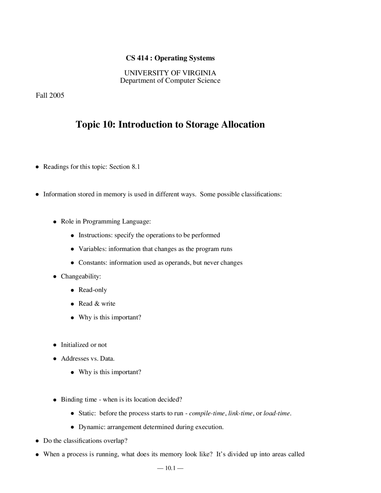 Introduction To Storage Allocation Notes Cs 4414 Docsity