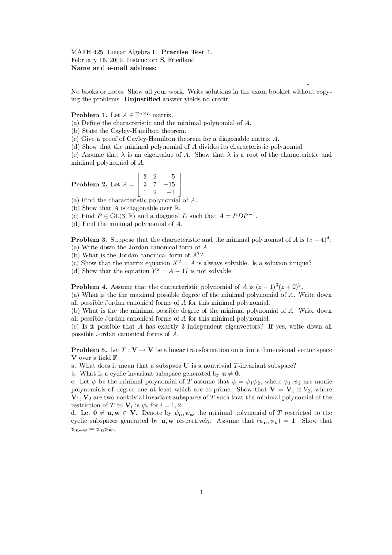 5 Problems For Practice Exam 1 Linear Algebra Ii Math 425 Docsity