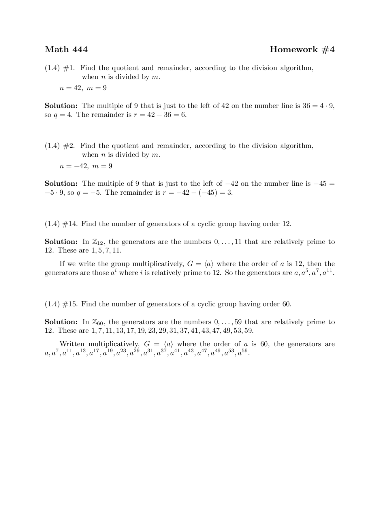 Homework 4 Solutions Introduction Abstract Algebra I Math 444 Docsity