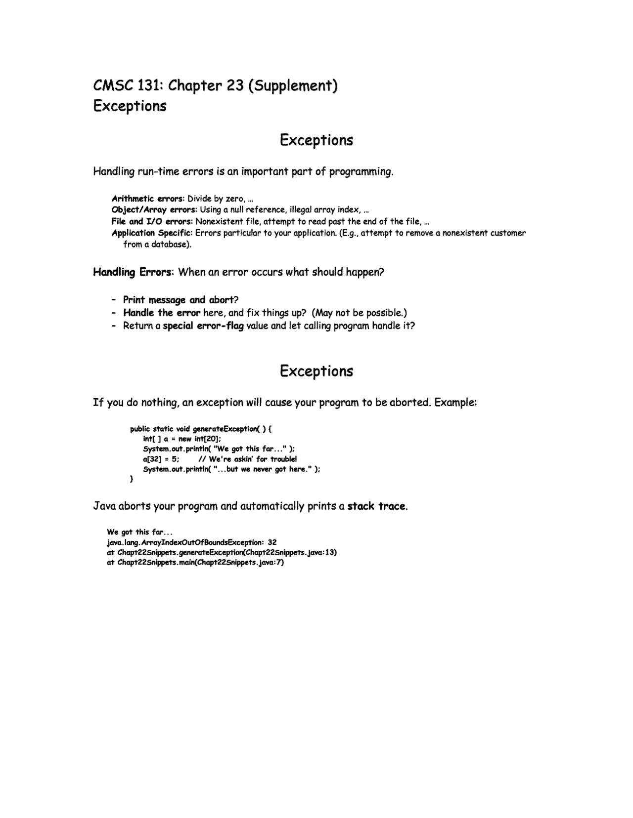 Notes on Chapter 23, Supplement - Exceptions | CMSC 131 - Docsity