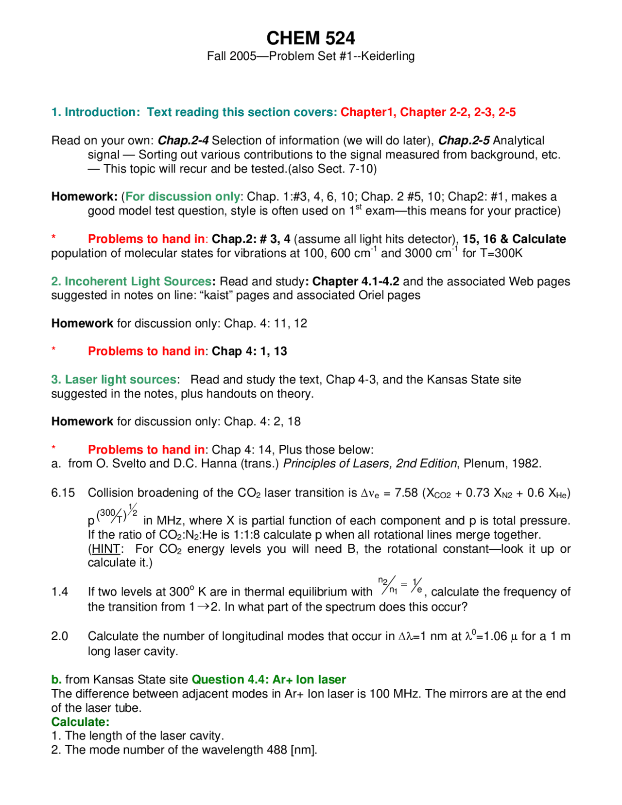 Problem Set 1 For Optical Spectroscopies In Analytical Chemistry Chem