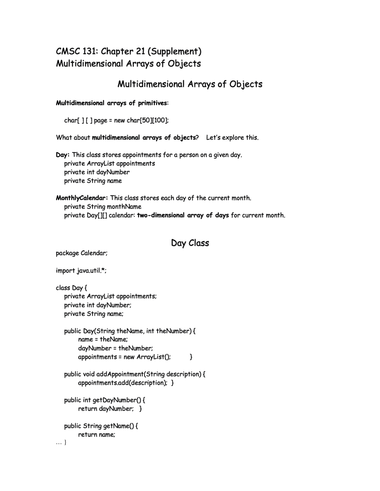 Multidimensional Arrays Of Objects Cmsc 131 Docsity