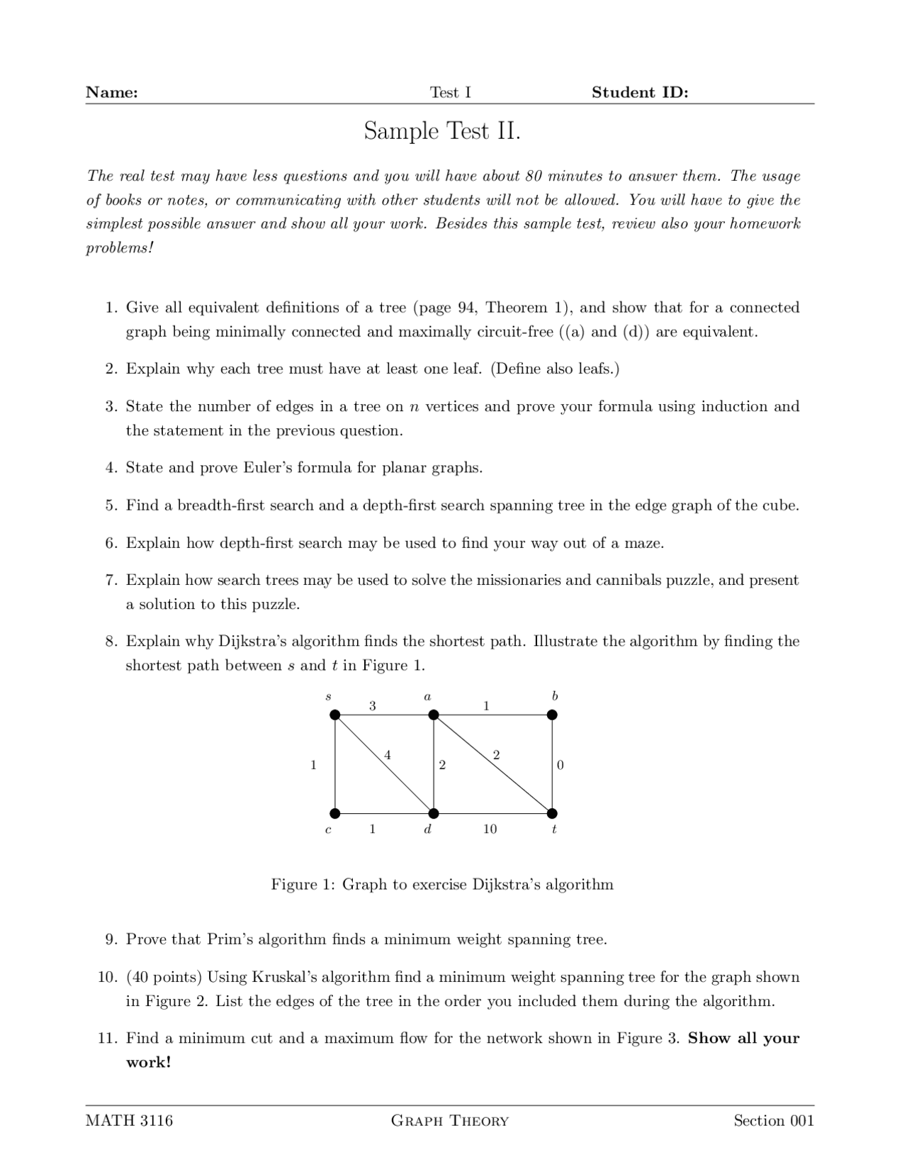 Sample Questions For Test 2 Graph Theory Math 3116 Docsity