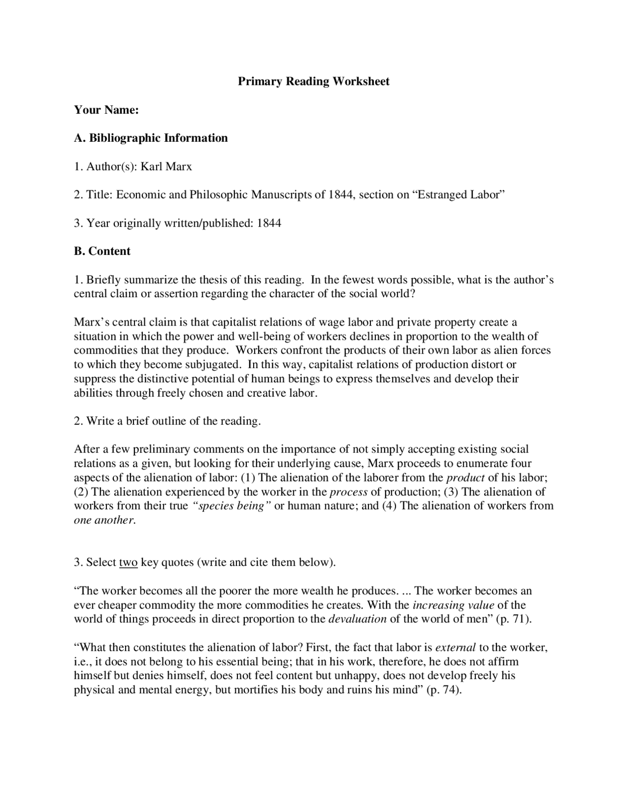 Primary Reading Worksheet - Development of Sociology | SOC 310 - Docsity