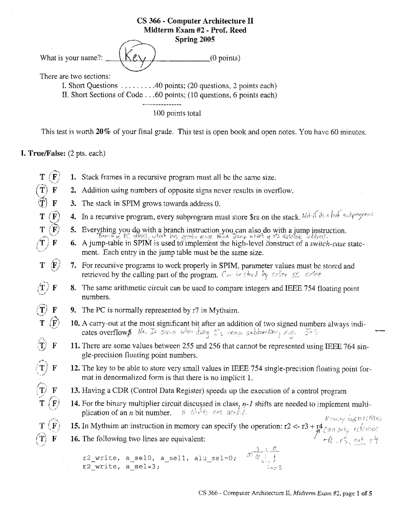 Solved Mixed Questions Of Computer Architecture Ii Hardware Software Cs 366 Docsity